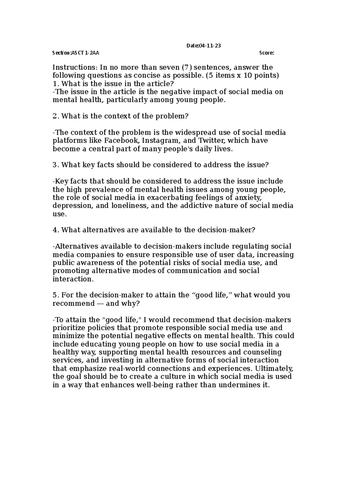 Elms homework - THANKS FOR ME - Date:04-11- Section:ASCT 1-2AA Score ...