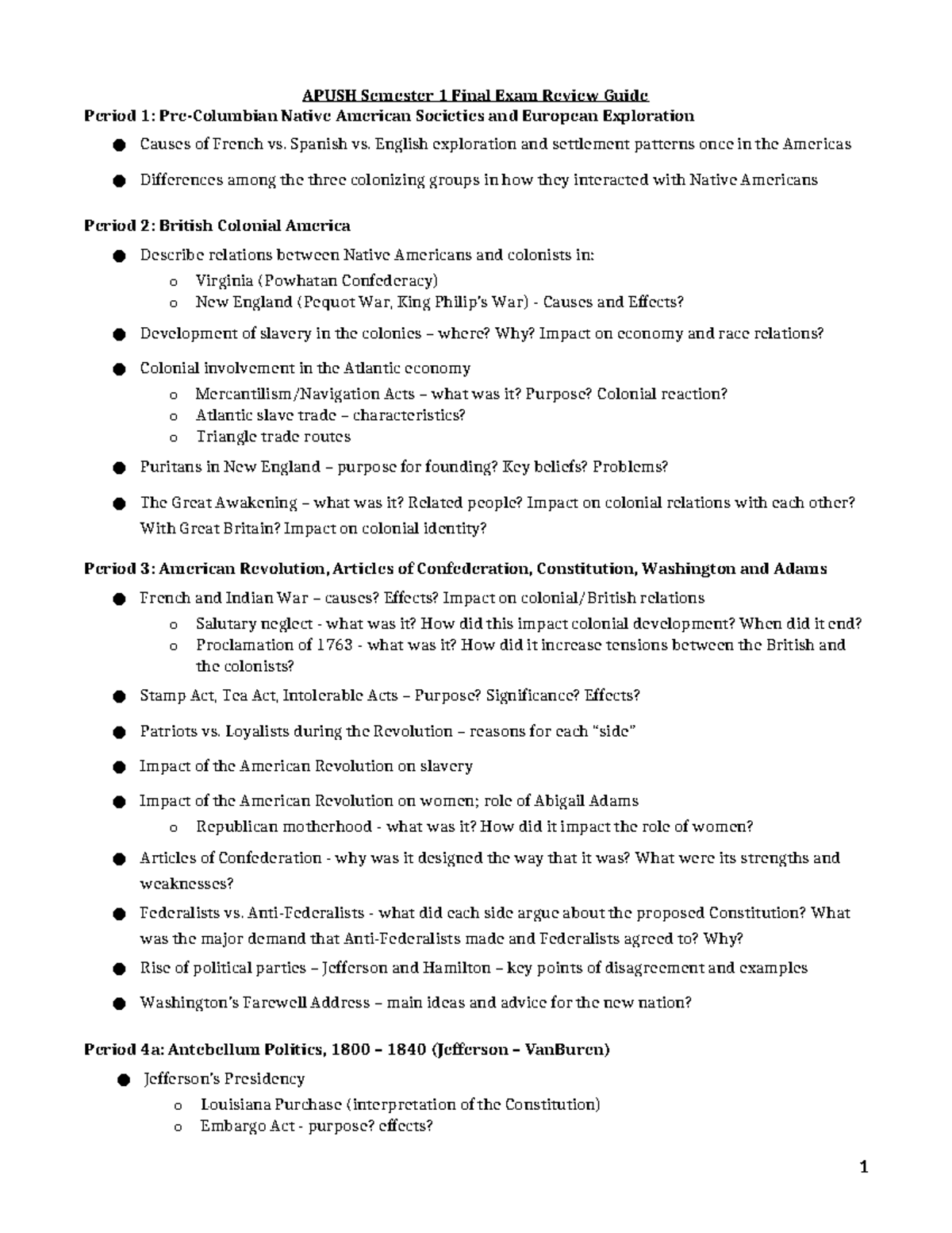 APUSH S1 Final Exam Review: Key Themes and Historical Developments ...