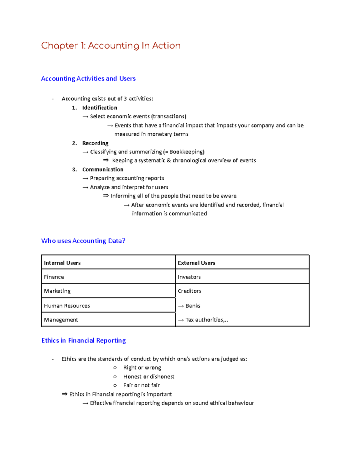 Accounting 1 Summary: Chapter 1 & 2 Overview and Key Concepts - Studocu