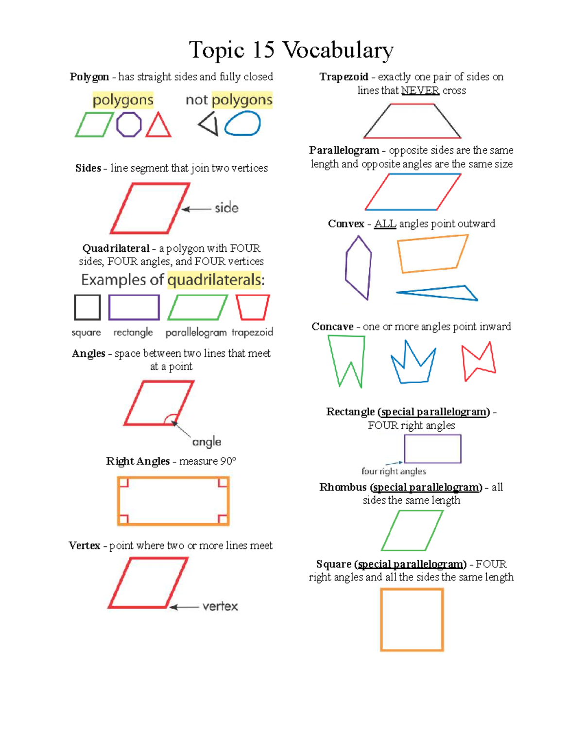 Topic 15 Vocabulary: Polygons and Their Properties Explained - Studocu