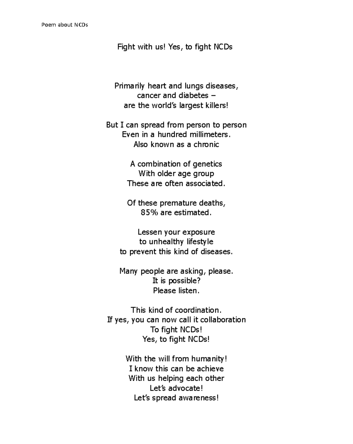 Fight with us Fight with us Fight with us - Poem about NCDs Fight with ...