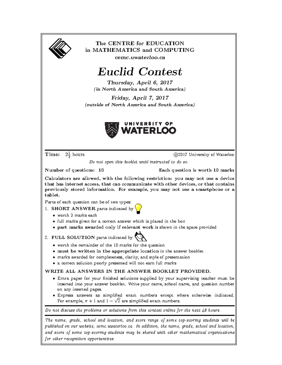 2017 Euclid Contest - Official Problem Set and Instructions - Studocu