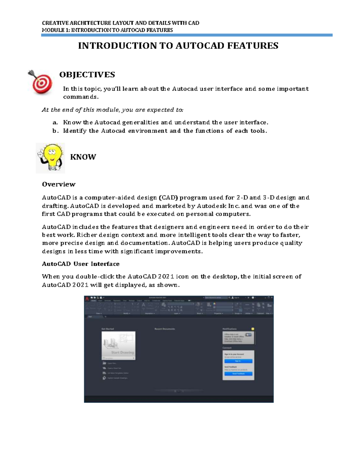 11 Introduction To Autocad Features Module 1 Introduction To Autocad Features Introduction