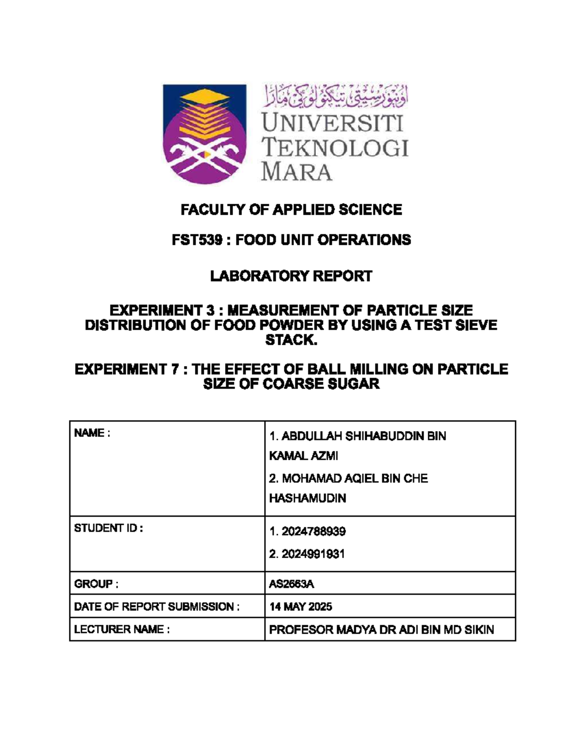 LAB Report FST539: Particle Size Distribution & Ball Milling Effects ...