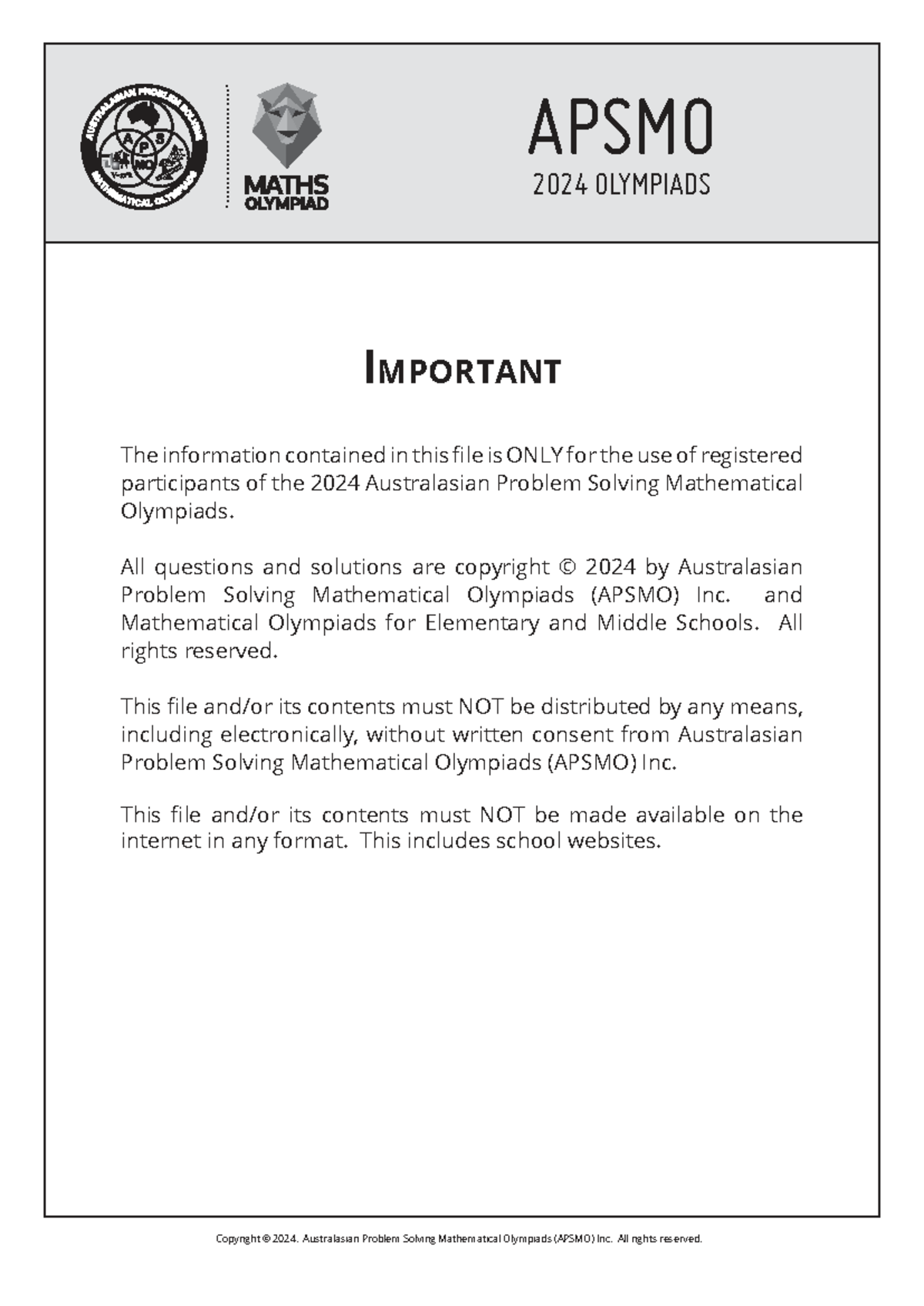 APSMO 2024 Olympiad Division J: Important Guidelines and Procedures ...