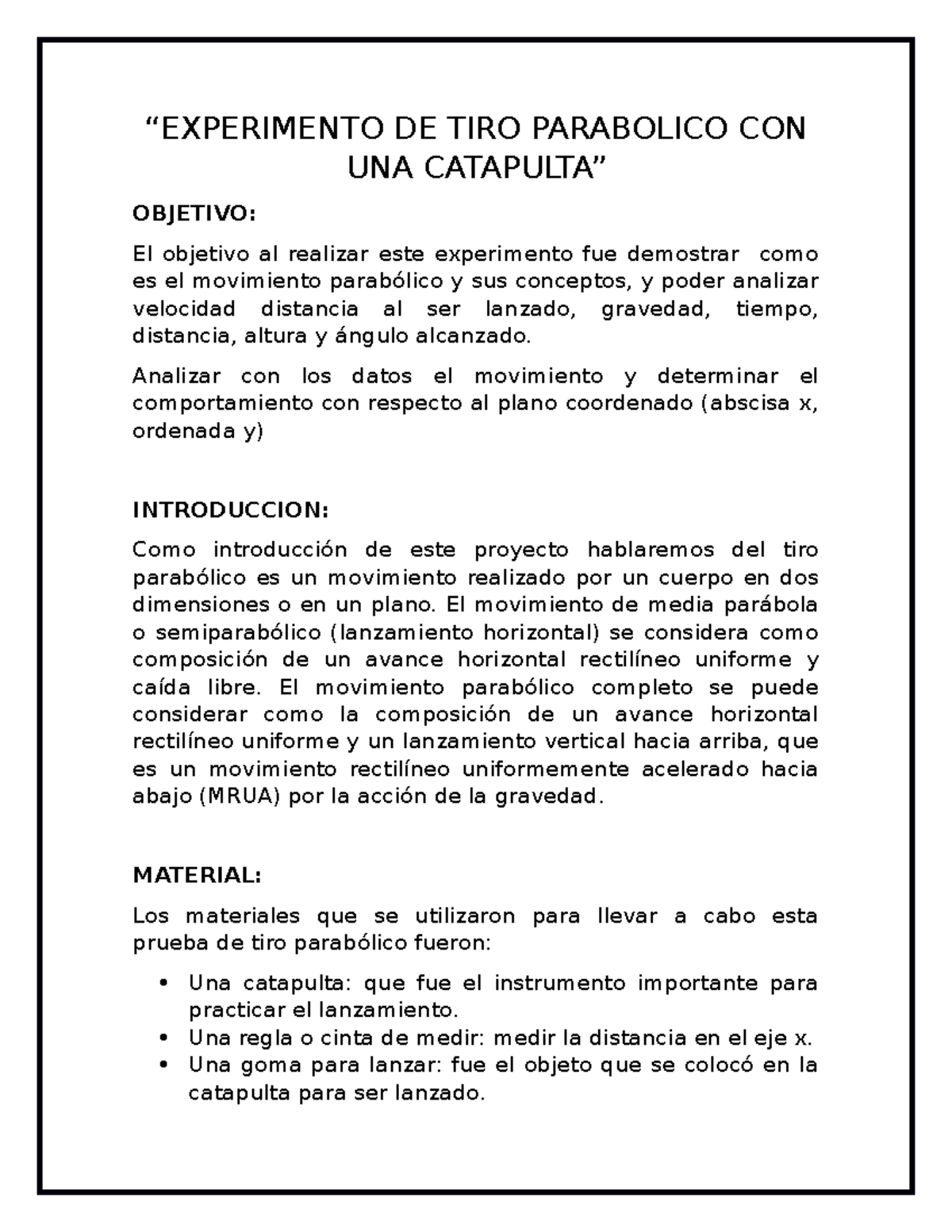 Experimento DE TIRO Parabolico CON UNA - “EXPERIMENTO DE TIRO ...