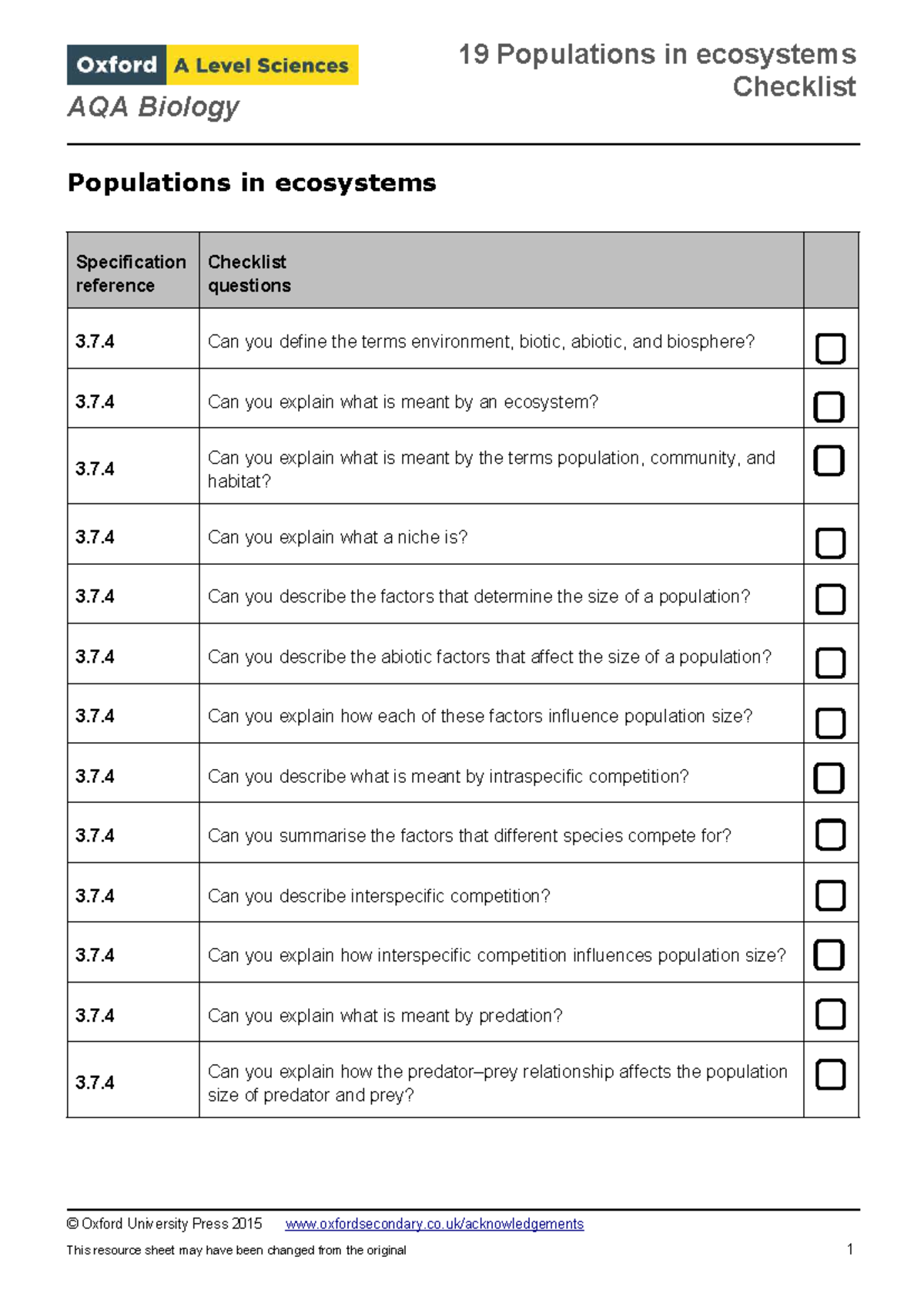 AQA Biology 19 Populations in Ecosystems Checklist 3.7.4 - Studocu