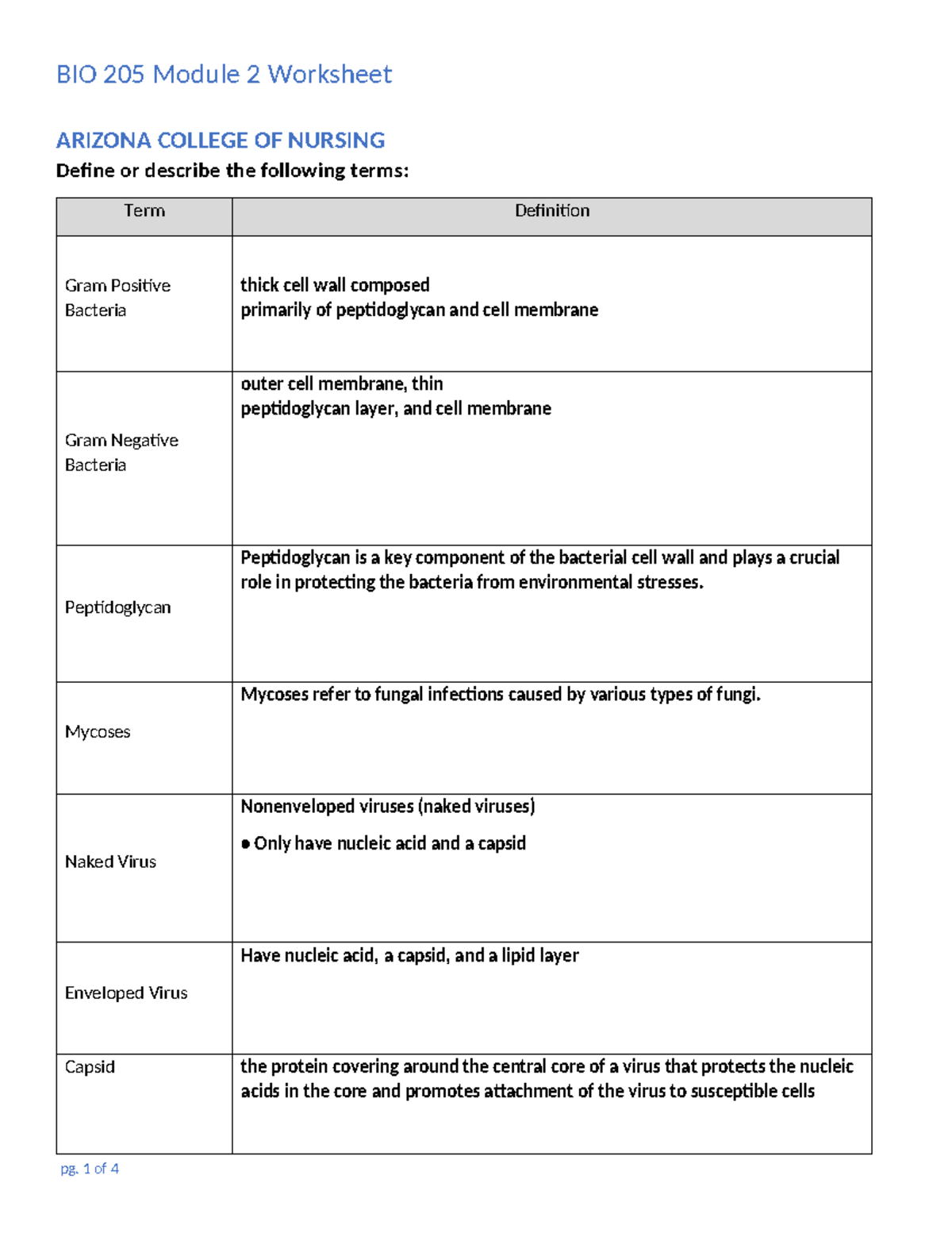 BIO 205 Module 2 Worksheet: Bacterial, Viral, and Fungal Infections ...