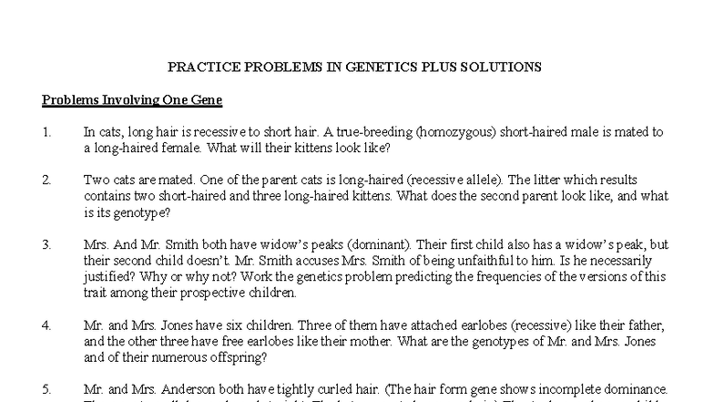 Genetics Practice Problems Solutions (Course Code: BIO101) - Studocu