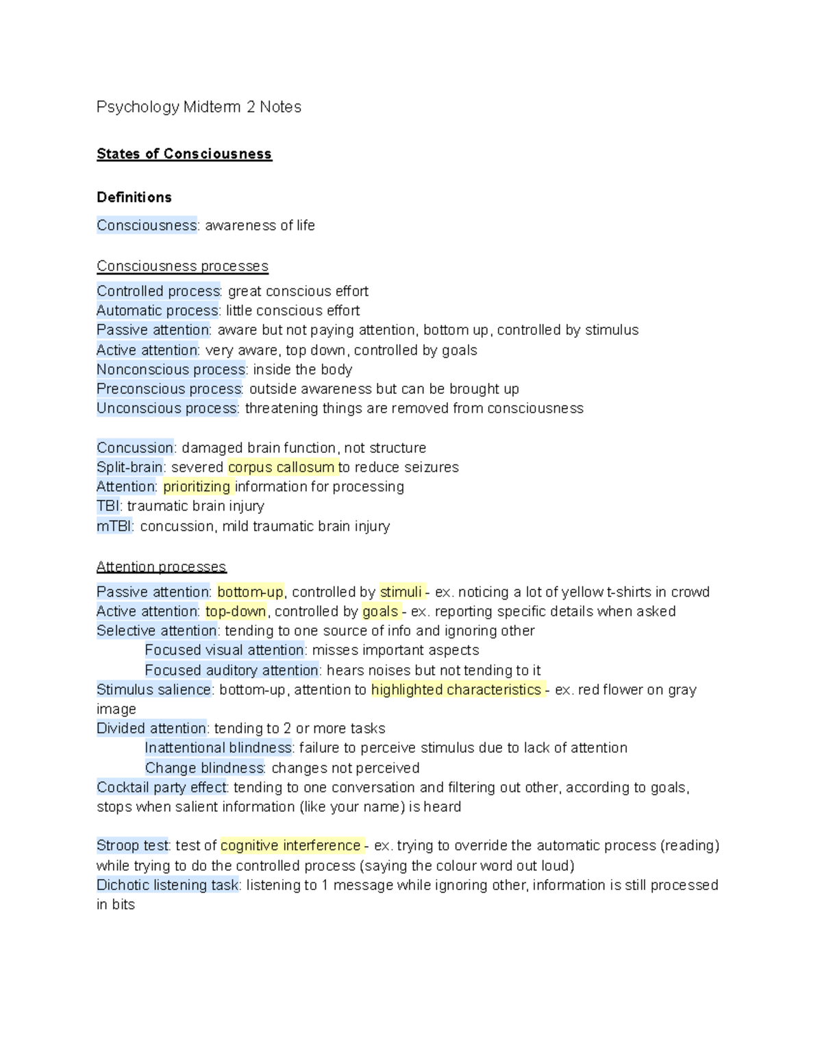 PSY1101 Midterm 2 Notes: States of Consciousness & Attention Processes ...