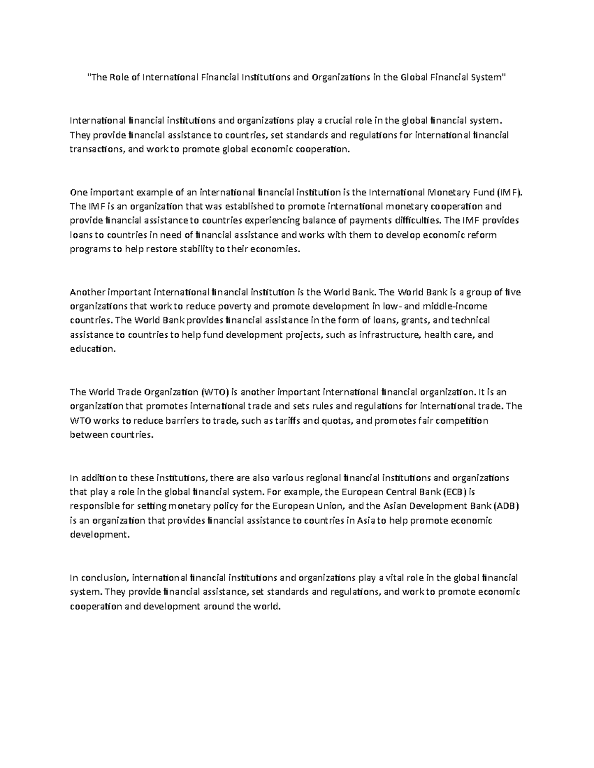 The Role of International Financial Institutions and Organizations in ...