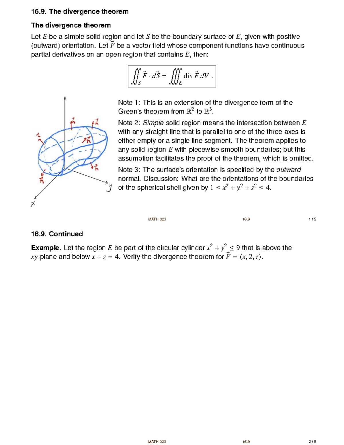 MATH 023 Final Exam Notes: Divergence Theorem (16.9) - Studocu