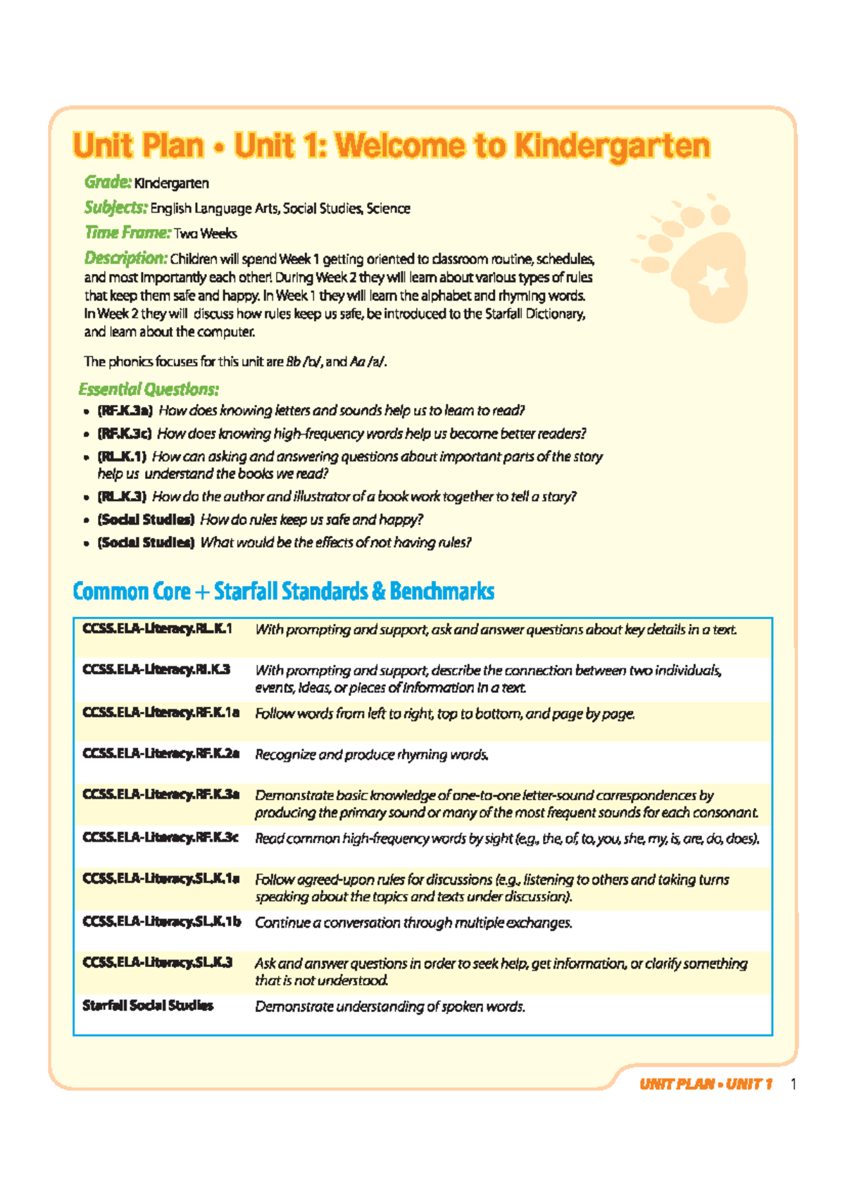 Starfall Kindergarten Unit Plan: Unit 1 - Welcome to K! - Studocu