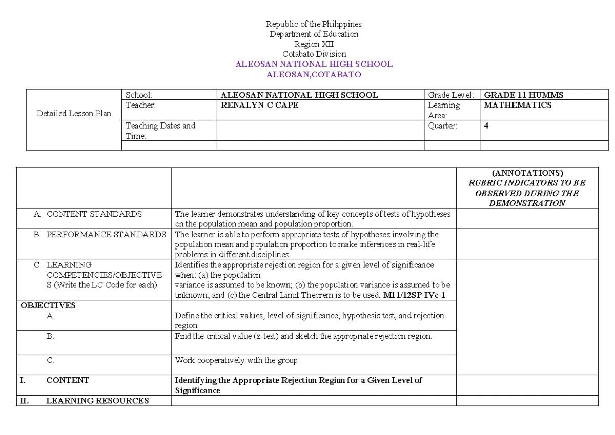 JHS Math Lesson Plan: Angles of Elevation & Depression (Grade 9) - Studocu
