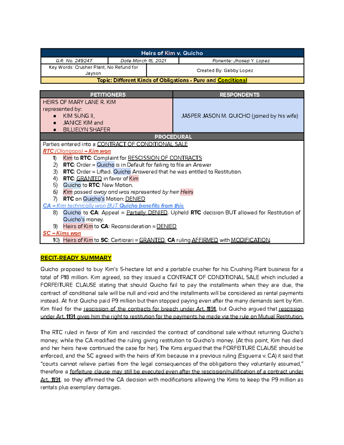 Heirs of Kim v. Quicho Case Brief and Digest Analysis (G.R. No. 249247 ...