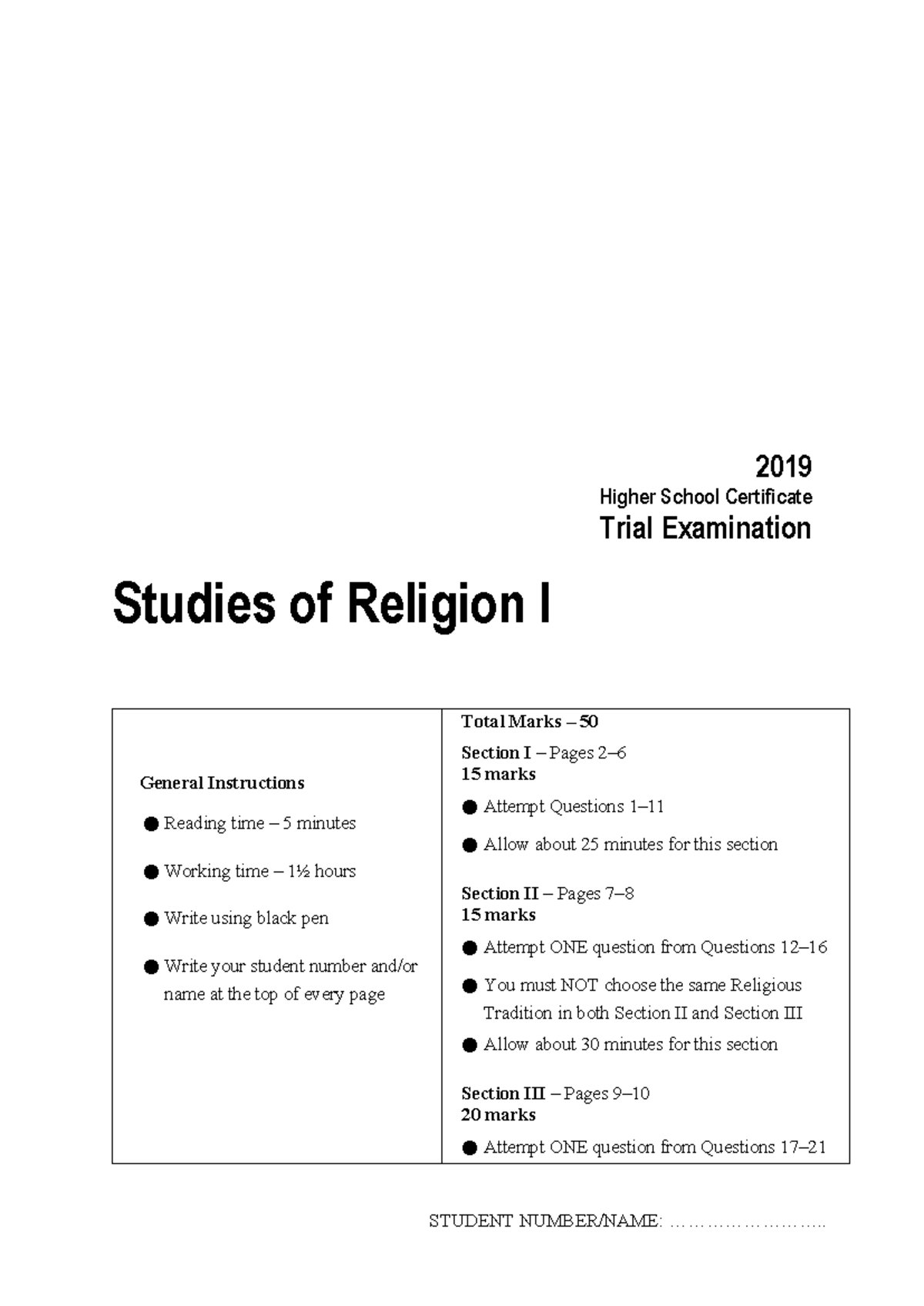 2019 Trial HSC Studies of Religion I Exam Paper - Studocu