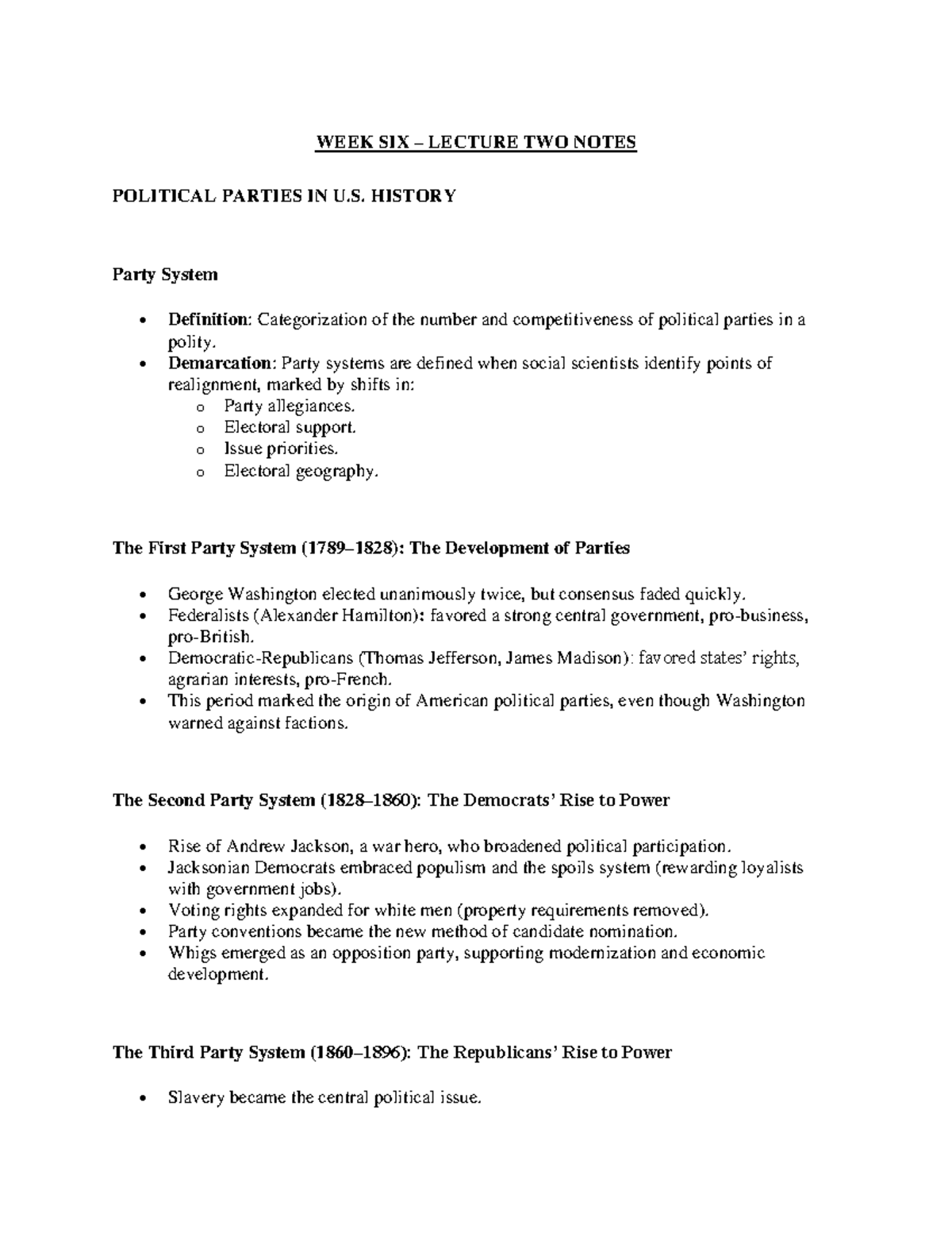 POL 101 WEEK SIX LECTURE TWO NOTES: U.S. PARTY SYSTEMS OVERVIEW - Studocu