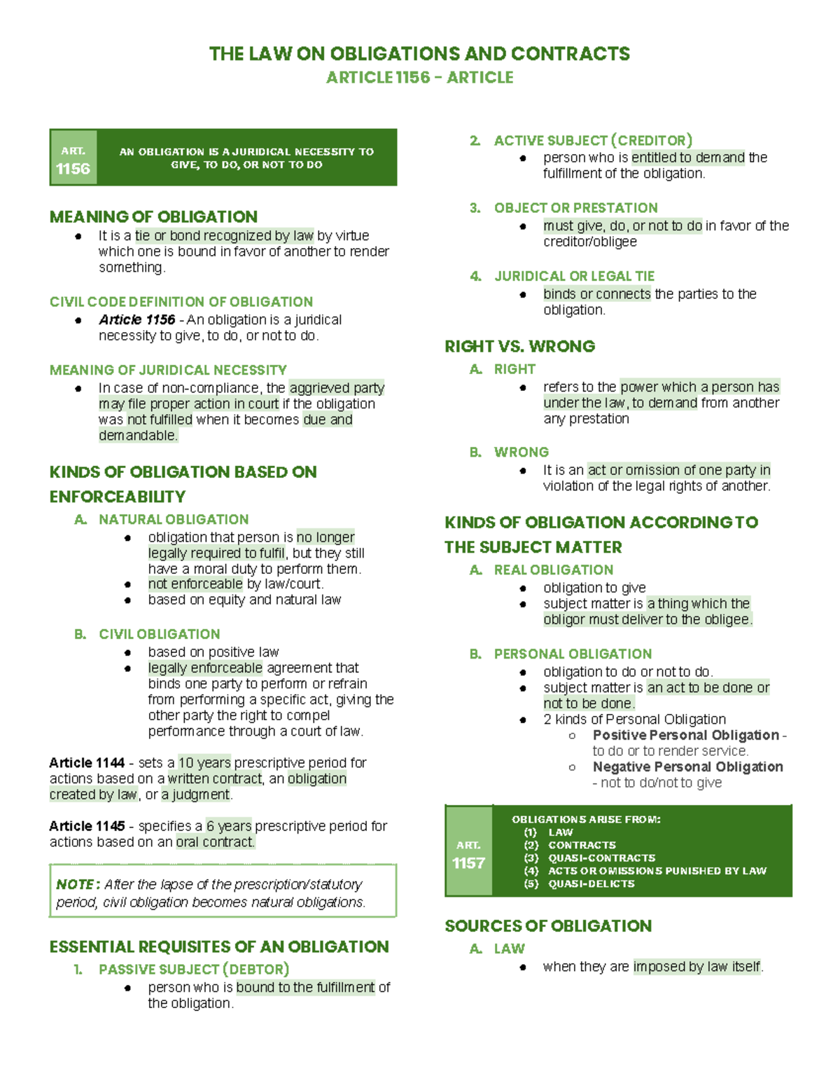 Oblicon Reviewer: Law on Obligations and Contracts (Art. 1156) - Studocu