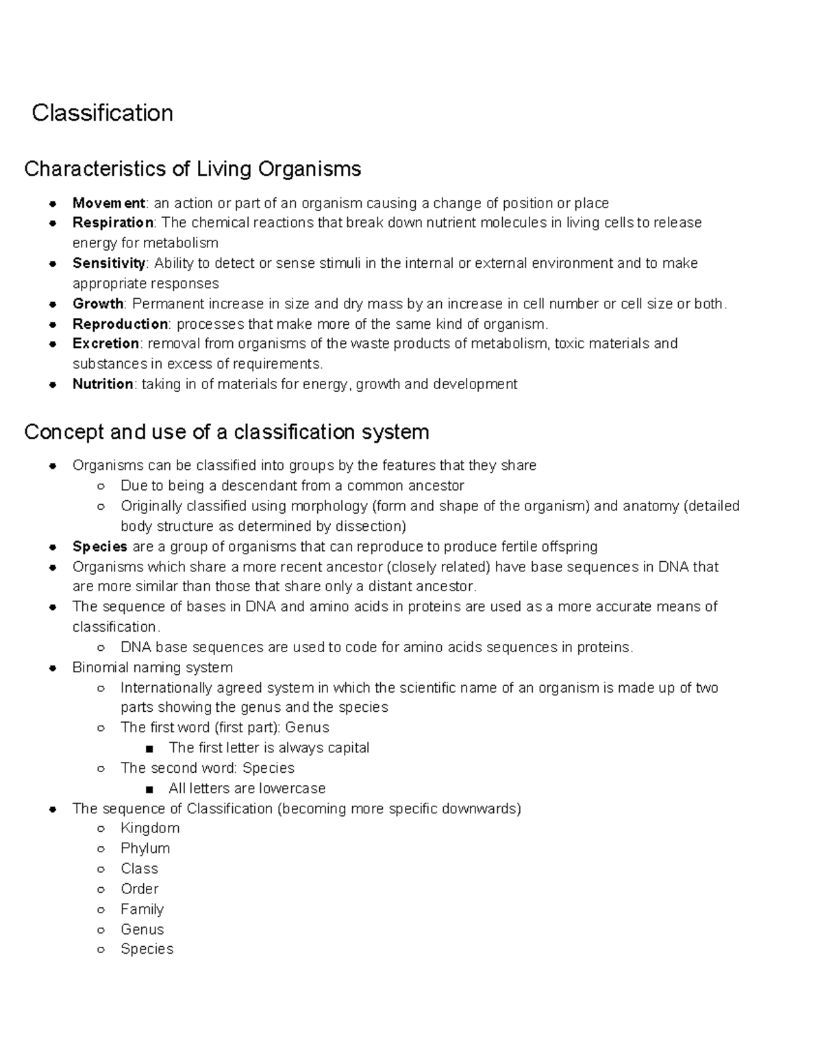 Biology 101: Characteristics of Living Organisms - Chapter Notes - Studocu
