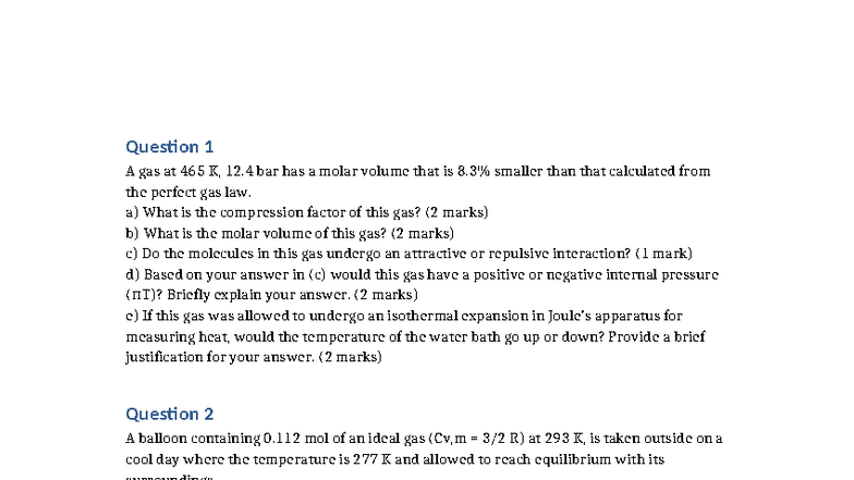 Thermochemistry Questions: Gas Laws & Calorimetry Analysis - Studocu