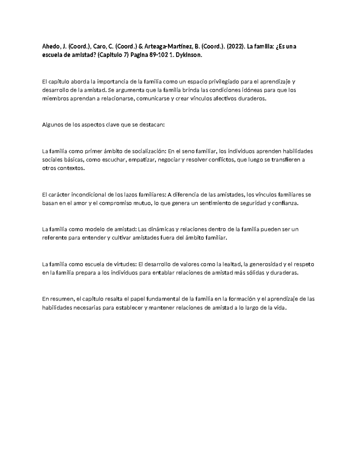 Resumen del Capítulo 7: La Familia como Escuela de Amistad - Studocu