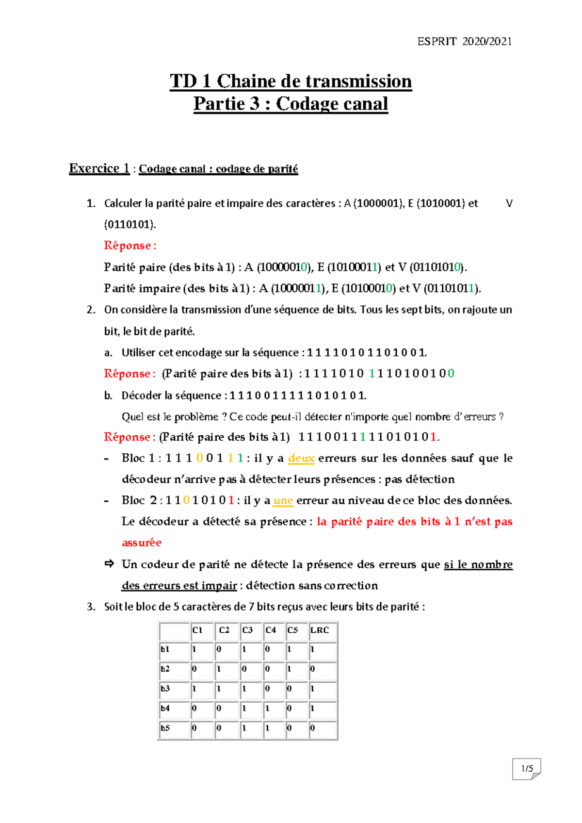 Correction TD1 Partie 3 : Codage Canal et Détection d'Erreurs - Studocu