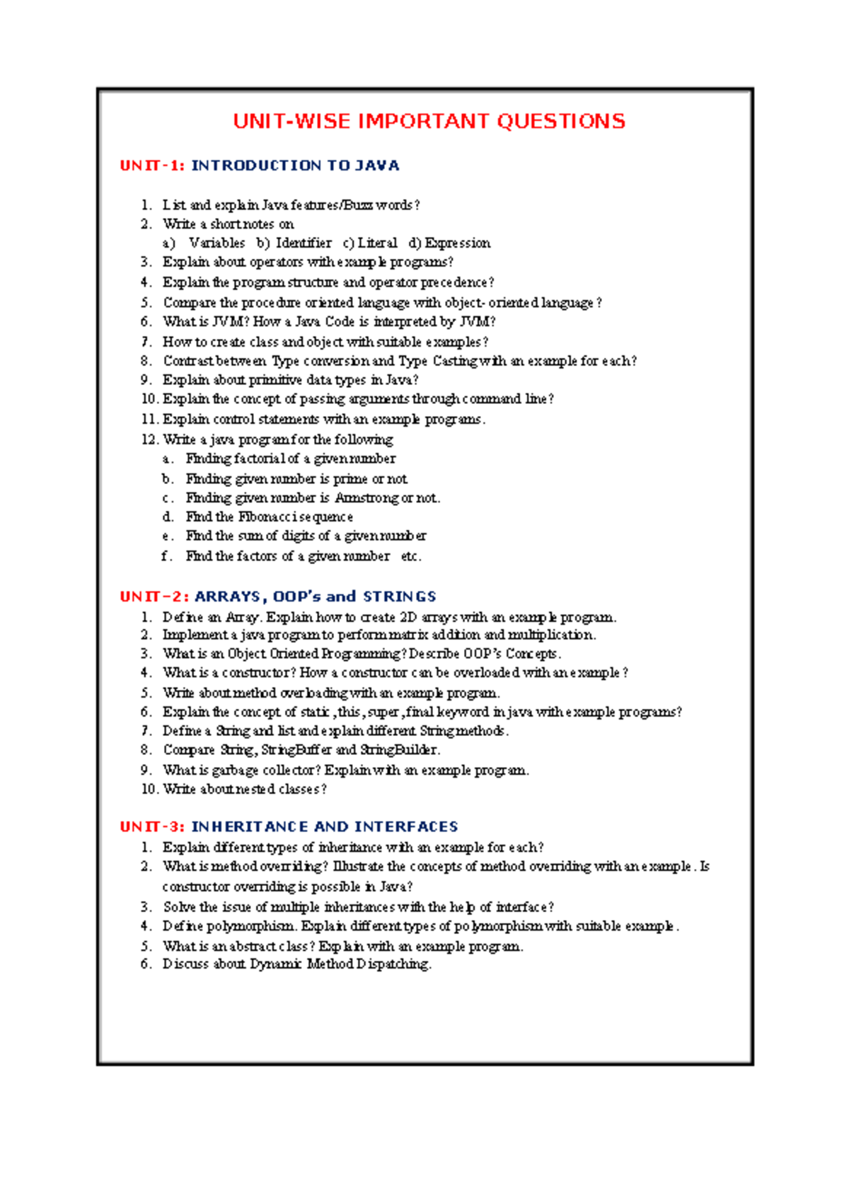 Java CS101 Unit-wise Important Questions for Exam Review - Studocu