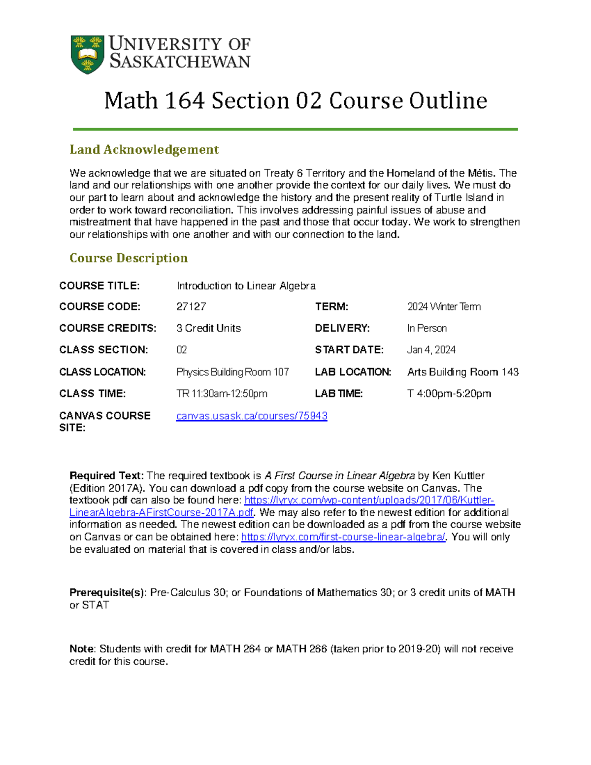 Syllabus for Math 164 Section 02: Introduction to Linear Algebra W2024 ...