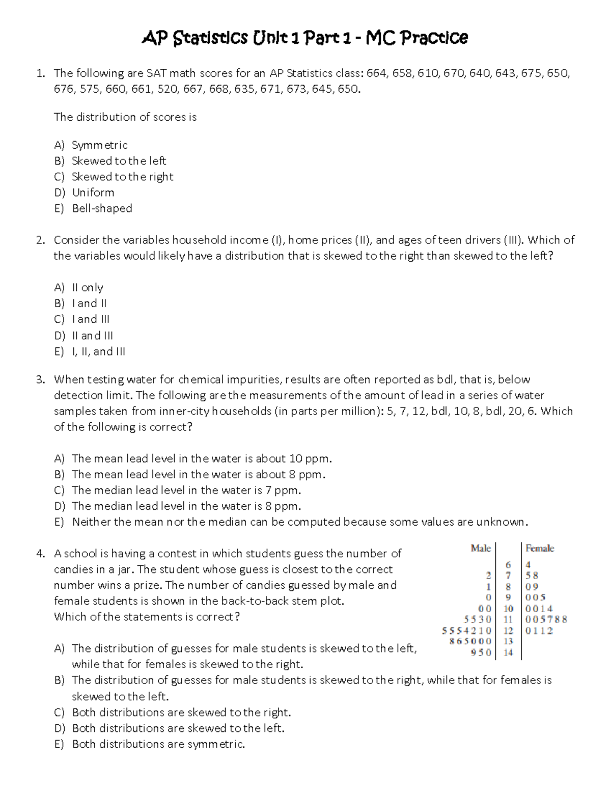 AP Statistics Unit 1 MCQ Practice - Day 10 Review - Studocu