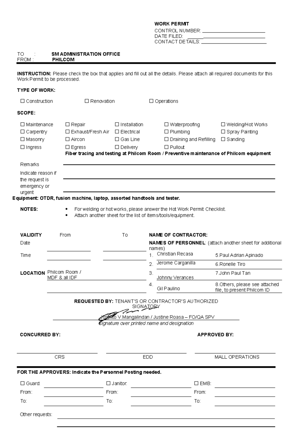 SM Work Permit Template for Construction and Operations Activities ...