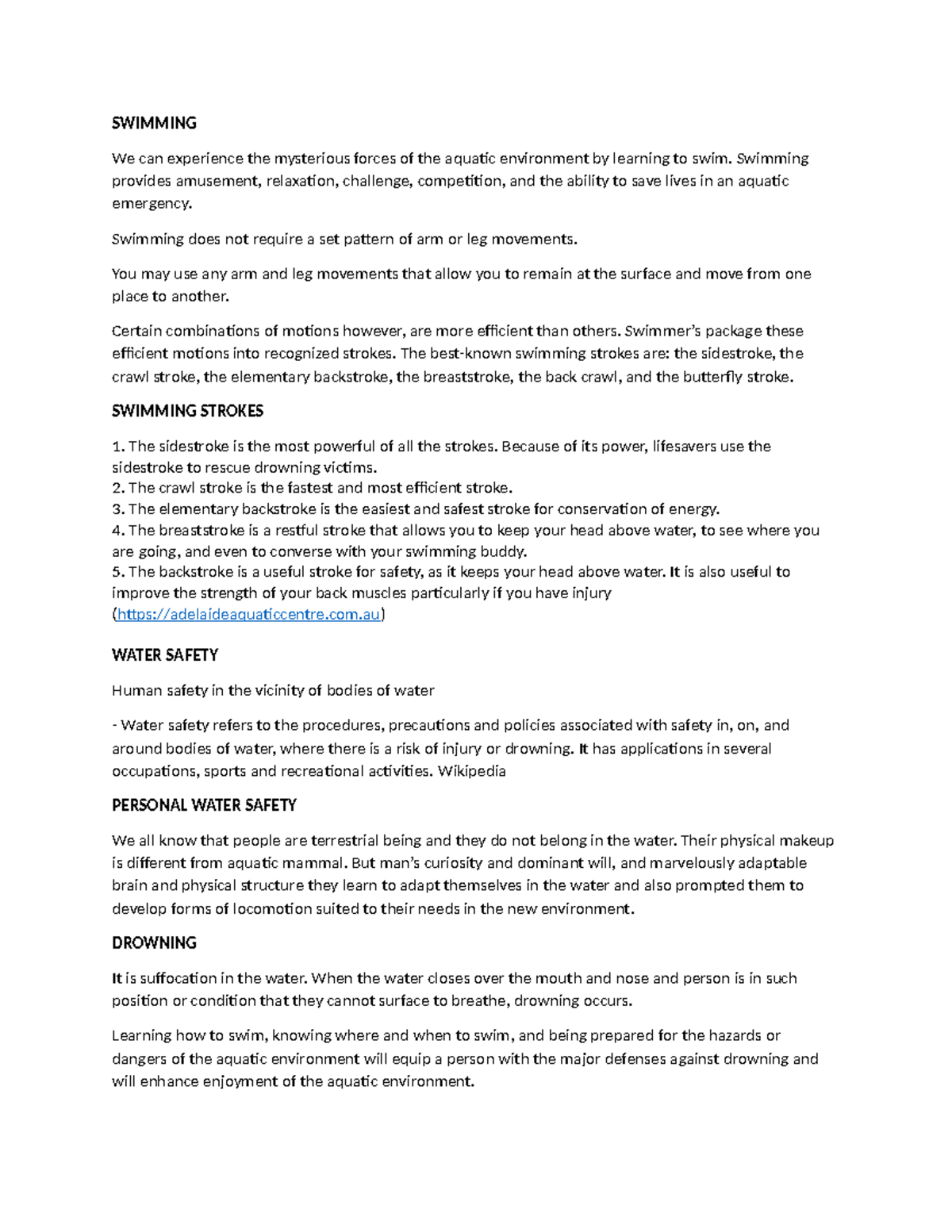 Water Safety Essentials: PATHFIT 4 Swimming Techniques & Tips - Studocu