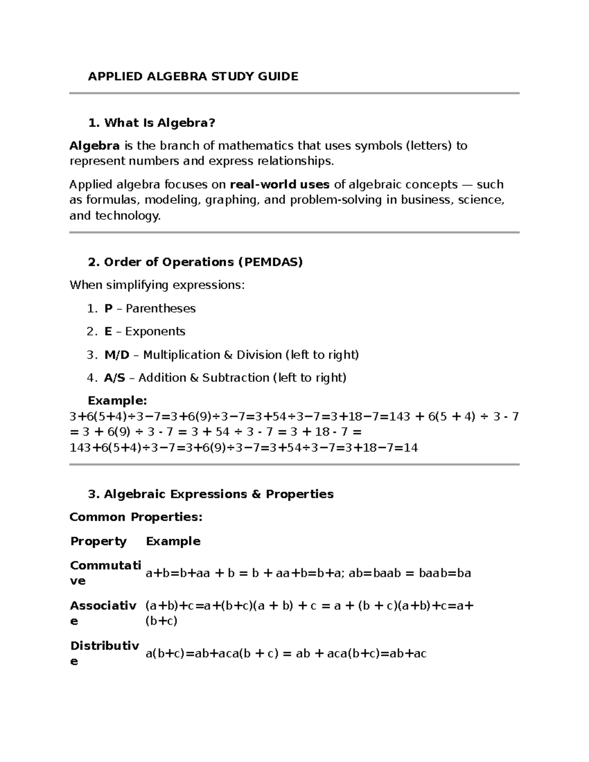 APPLIED ALGEBRA STUDY GUIDE: Key Concepts & Formulas - Studocu