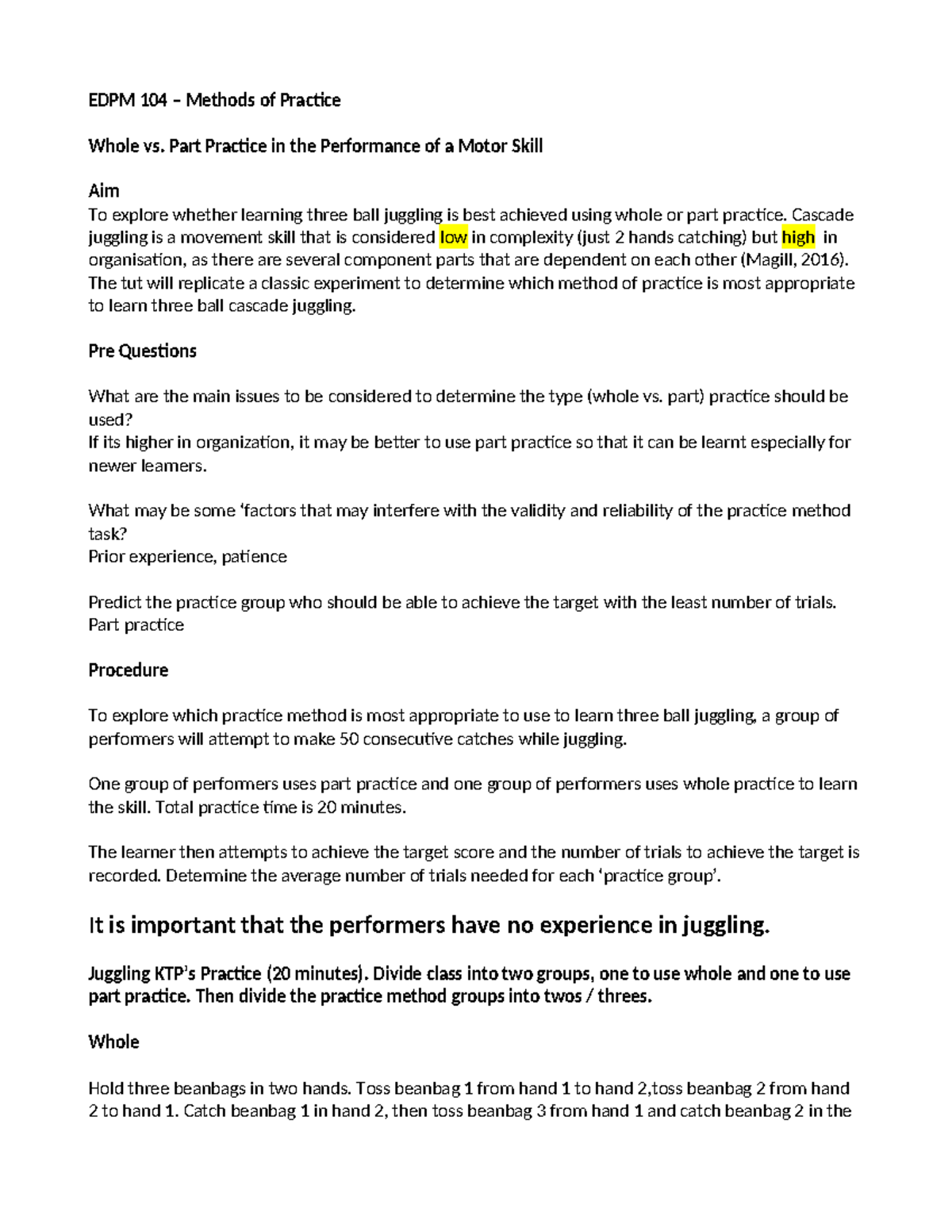 EDPM 104 – Whole vs Part Practice in Learning Juggling Skills - Studocu