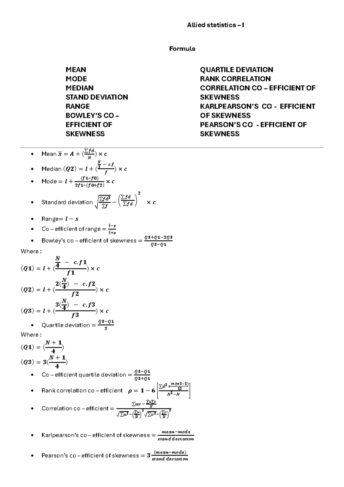 Allied Statistics I: Key Formulas and Concepts for S1 Maths - Studocu