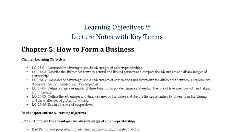 Chapter 5 - Business Formation: Ownership Types, Pros & Cons - Studocu