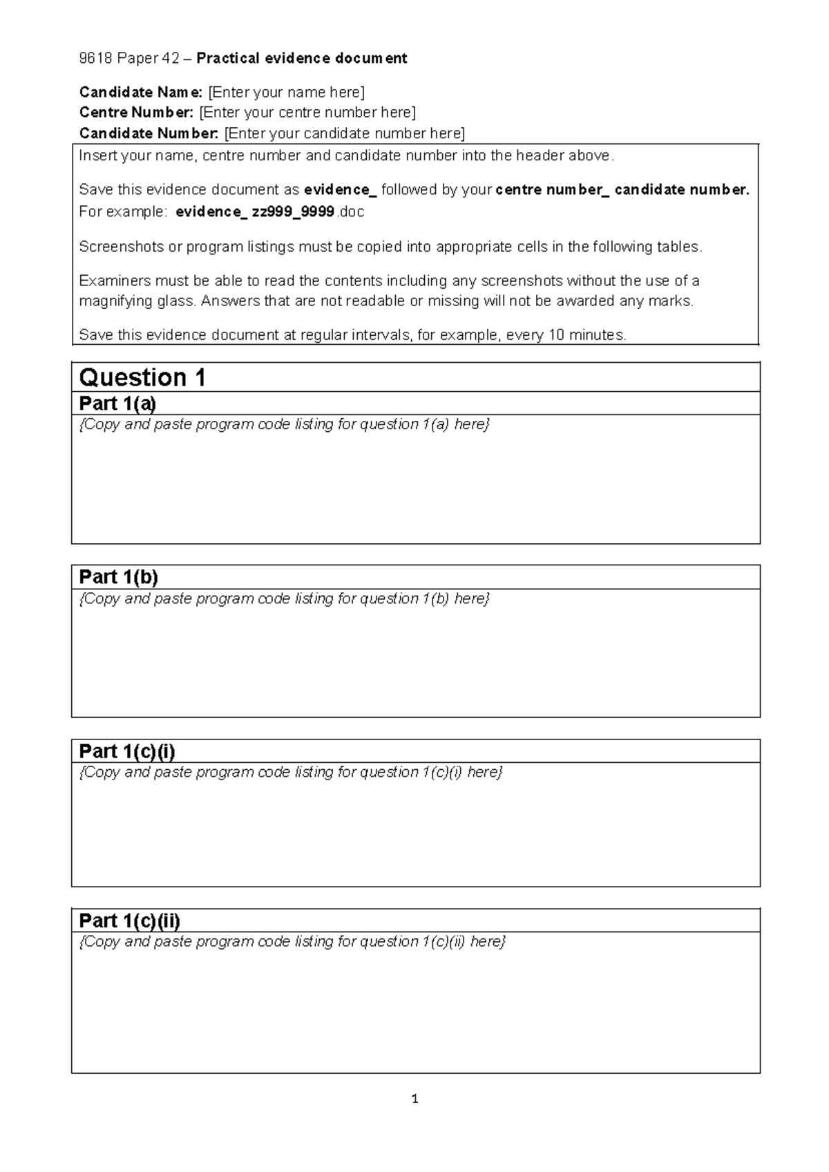 9618 Paper 42 Practical Evidence Document Instructions and Guidelines ...