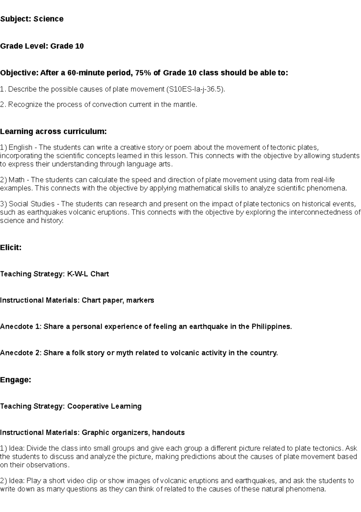 Grade 10 Science Lesson Plan on Plate Tectonics & Convection Currents ...