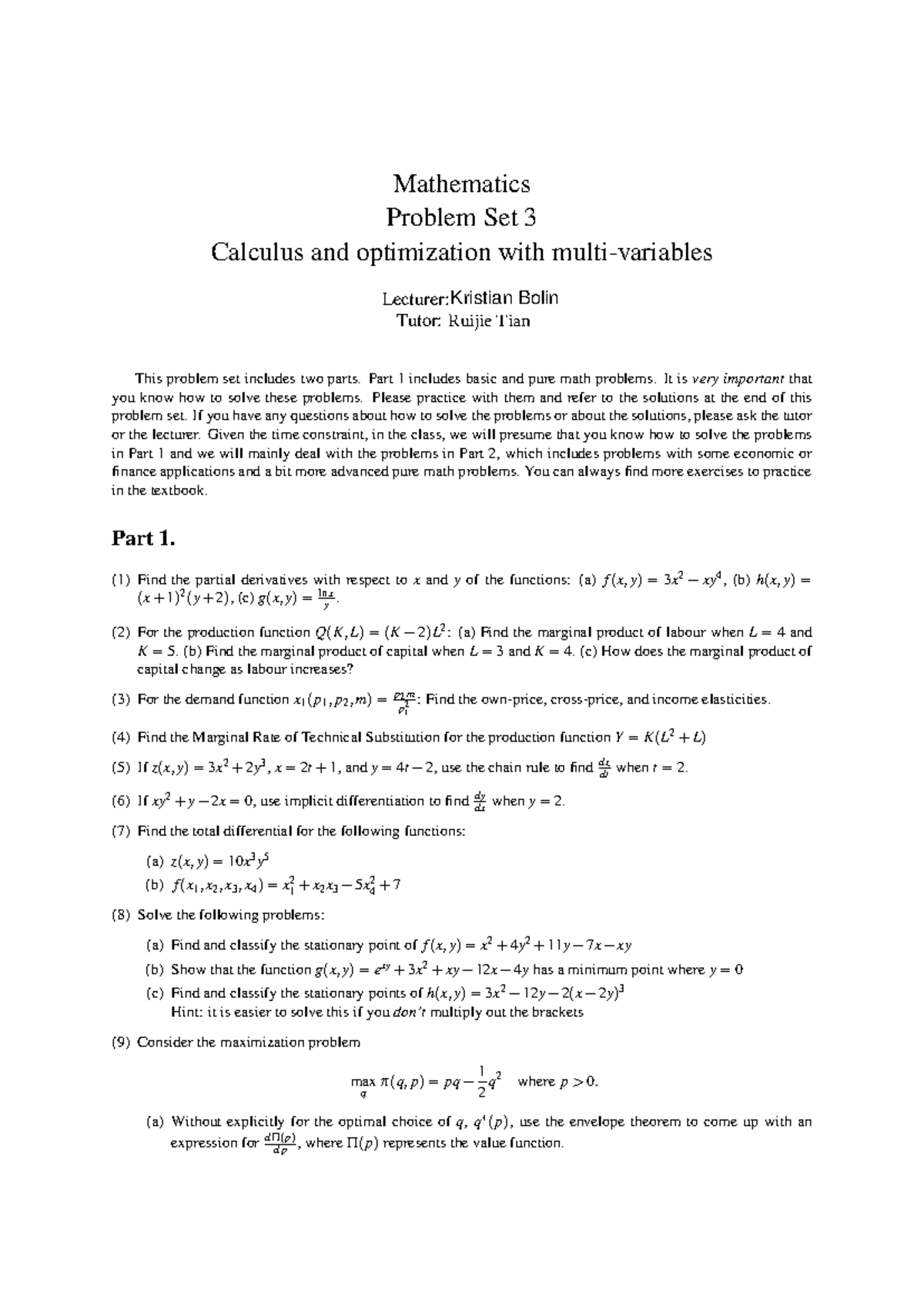 PS3 Multivariate Calculus - Mathematics Problem Set 3 Calculus and ...
