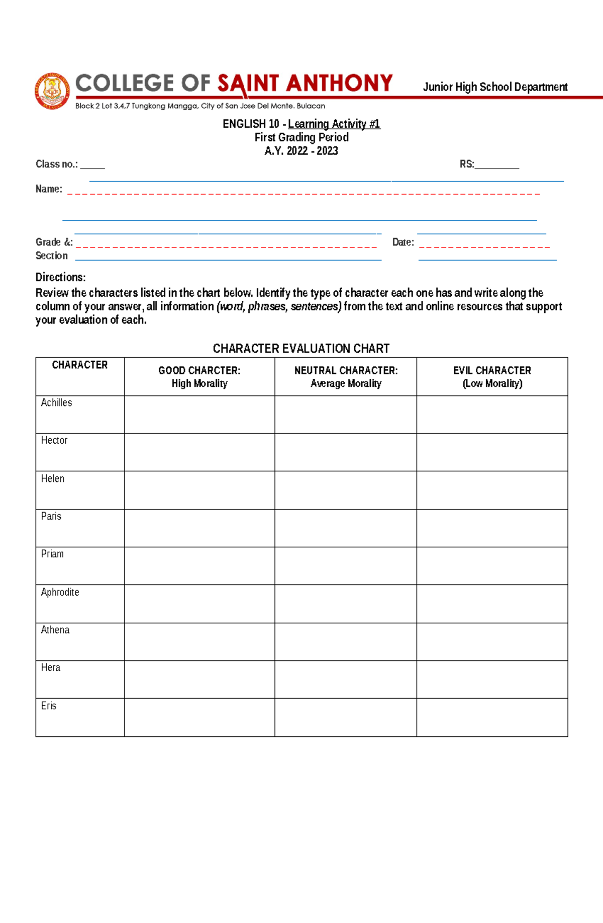 ENGLISH 10 Learning Activity: Character Evaluation - 1st Grading Period ...