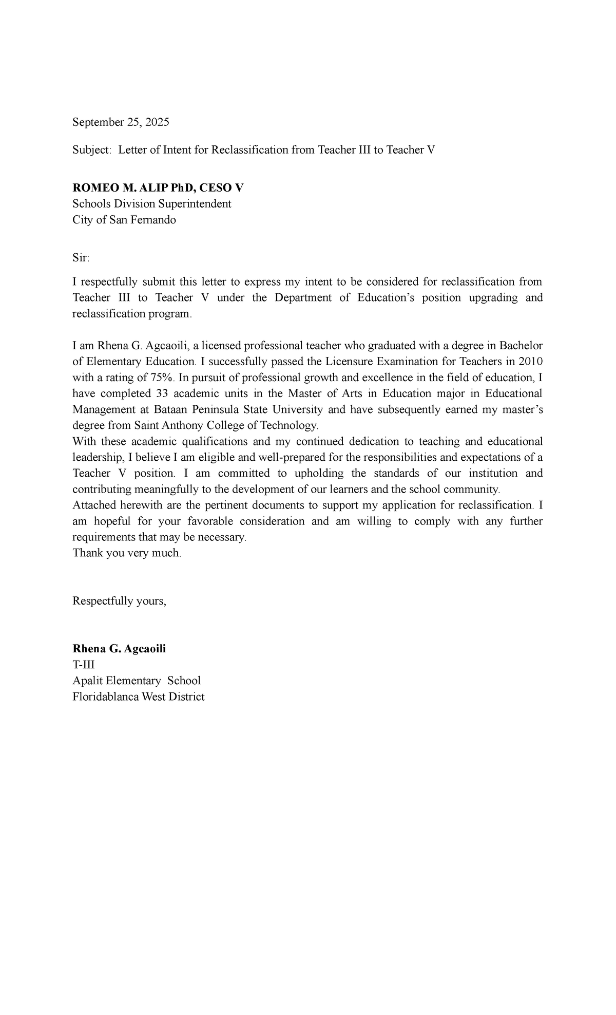 Letter of Intent for Teacher V Reclassification - Career Progression ...