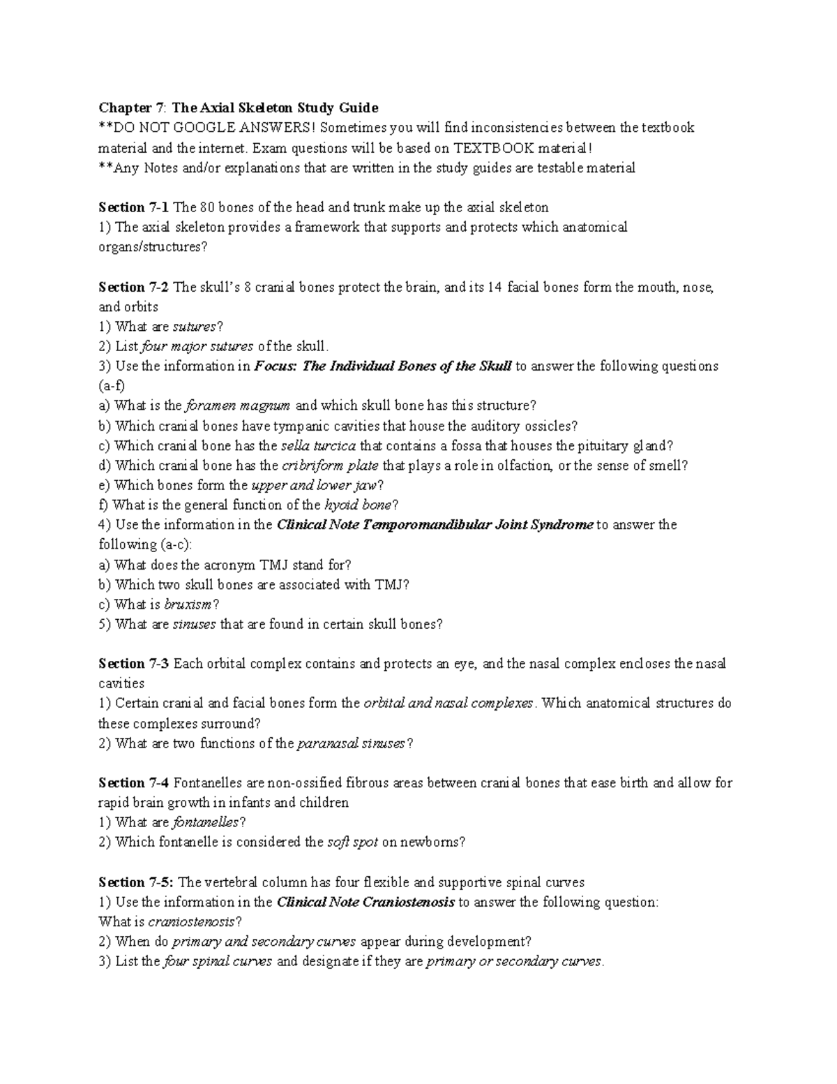 Chapter 7: The Axial Skeleton Study Guide (Fall 2025) - Studocu