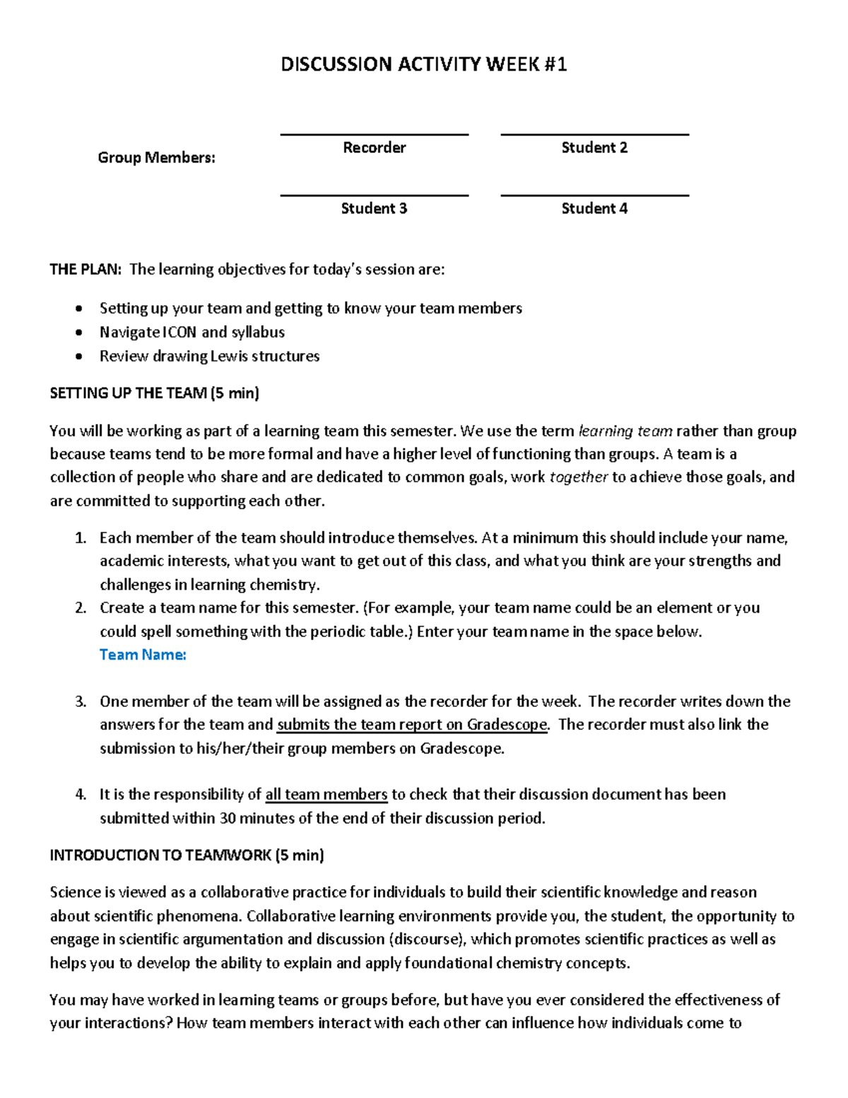 Fall 2022 Chem 1080 - Discussion Worksheet for Week 1 Activities - Studocu