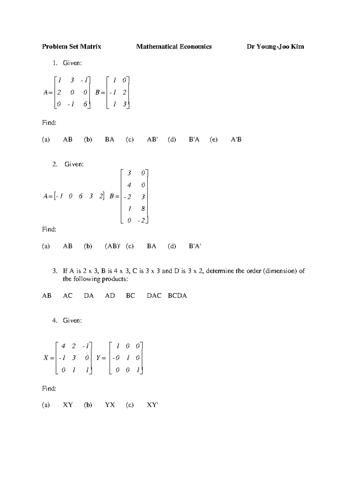 PS Matrix Problem Set - 경제학부 경제수학(김영주 교수님) - Studocu