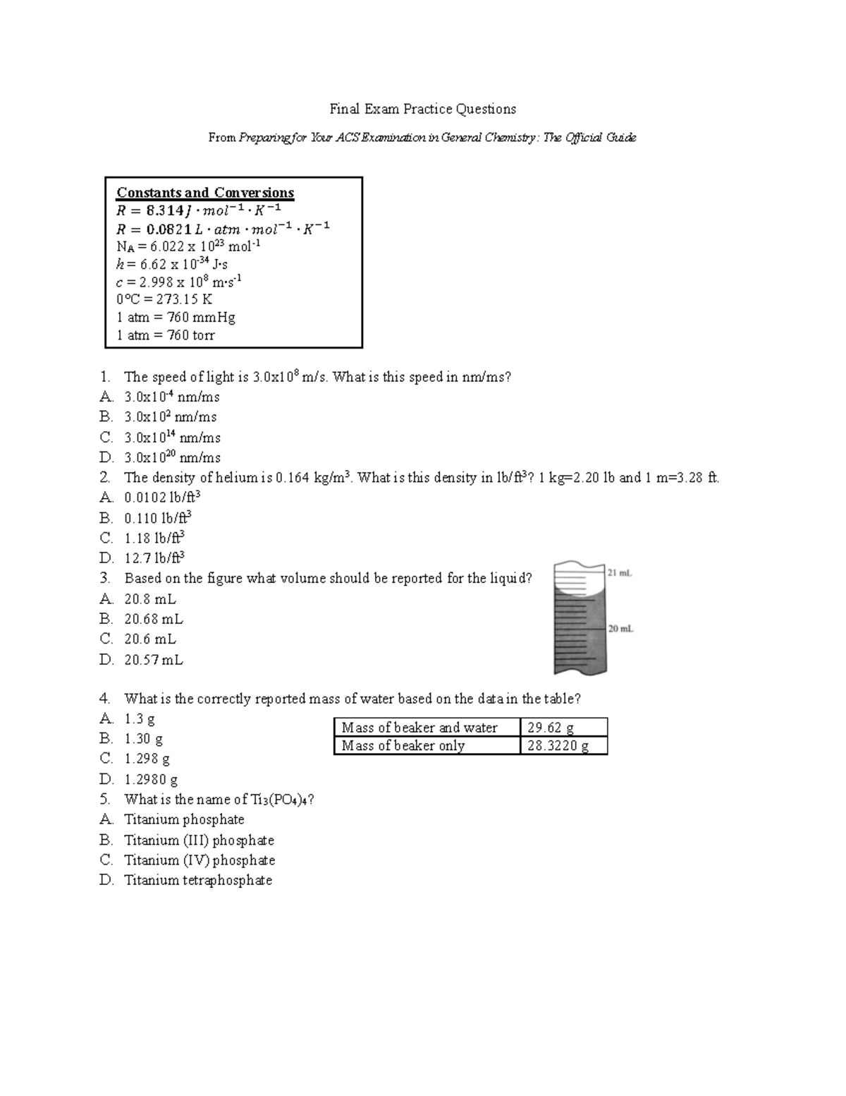 ACS General Chemistry Final Exam Practice Questions - Studocu