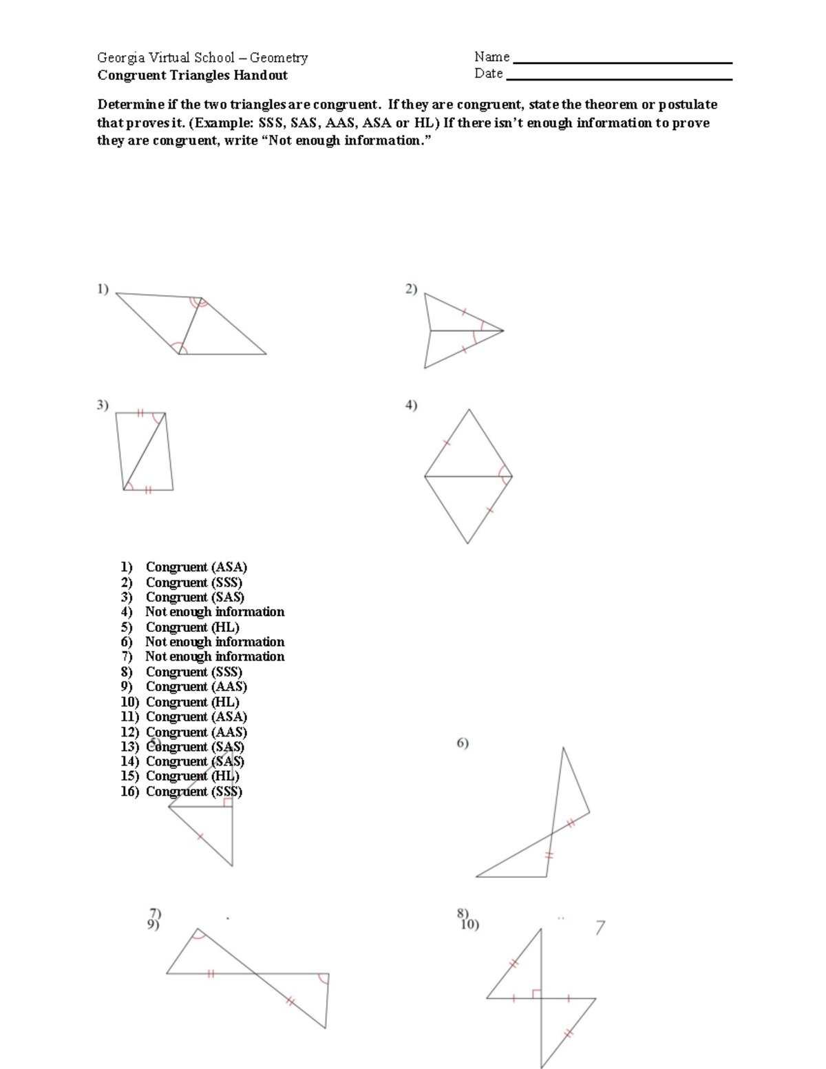 Georgia Virtual School Geometry Congruent Triangles Handout - Studocu