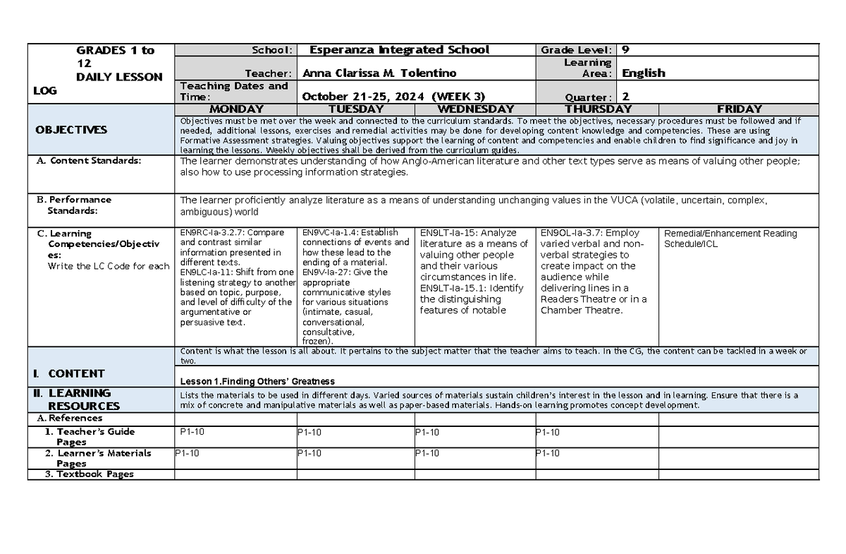 English 9 - This is a lesson log - GRADES 1 to 12 DAILY LESSON LOG ...