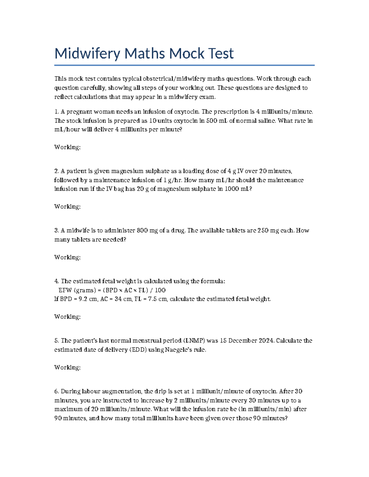 Midwifery Maths Mock Test: Practice Questions & Solutions - Studocu