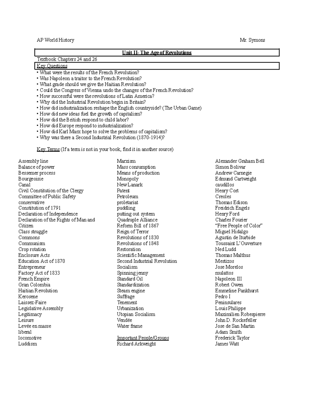 AP World History: The Age of Revolutions Key Questions & Terms - Studocu