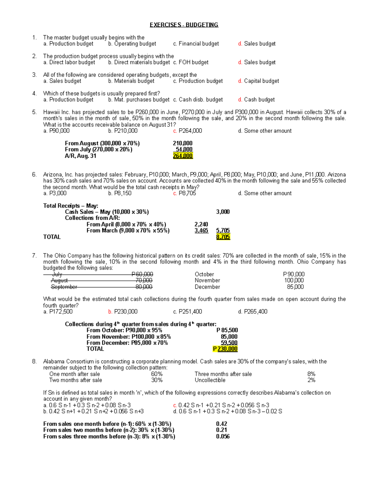 SCM1 (2022) - Chapter 5.2 Exercises-Budgeting (with solutions) - EXERCISES - BUDGETING The ...