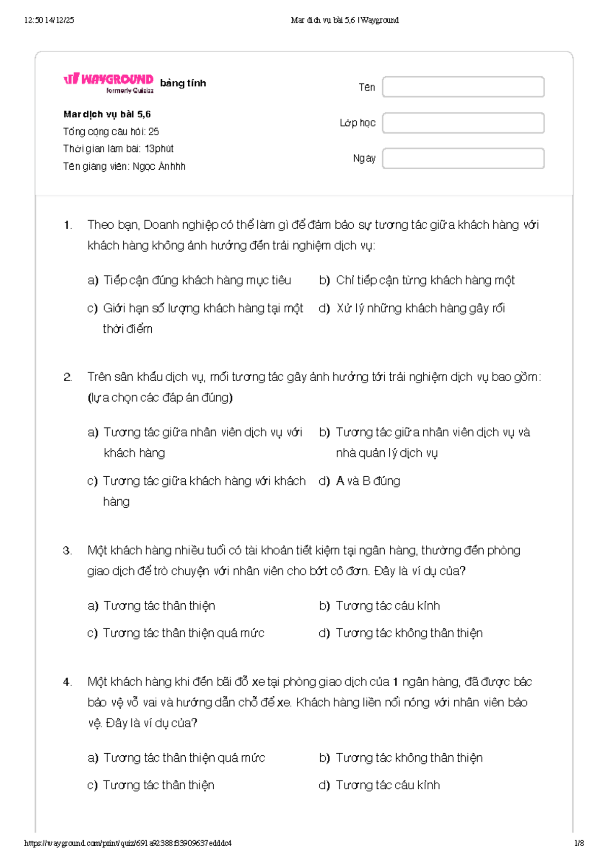 M56 - Bài Tập Dịch Vụ: Câu Hỏi và Giải Đáp 5,6 - Studocu